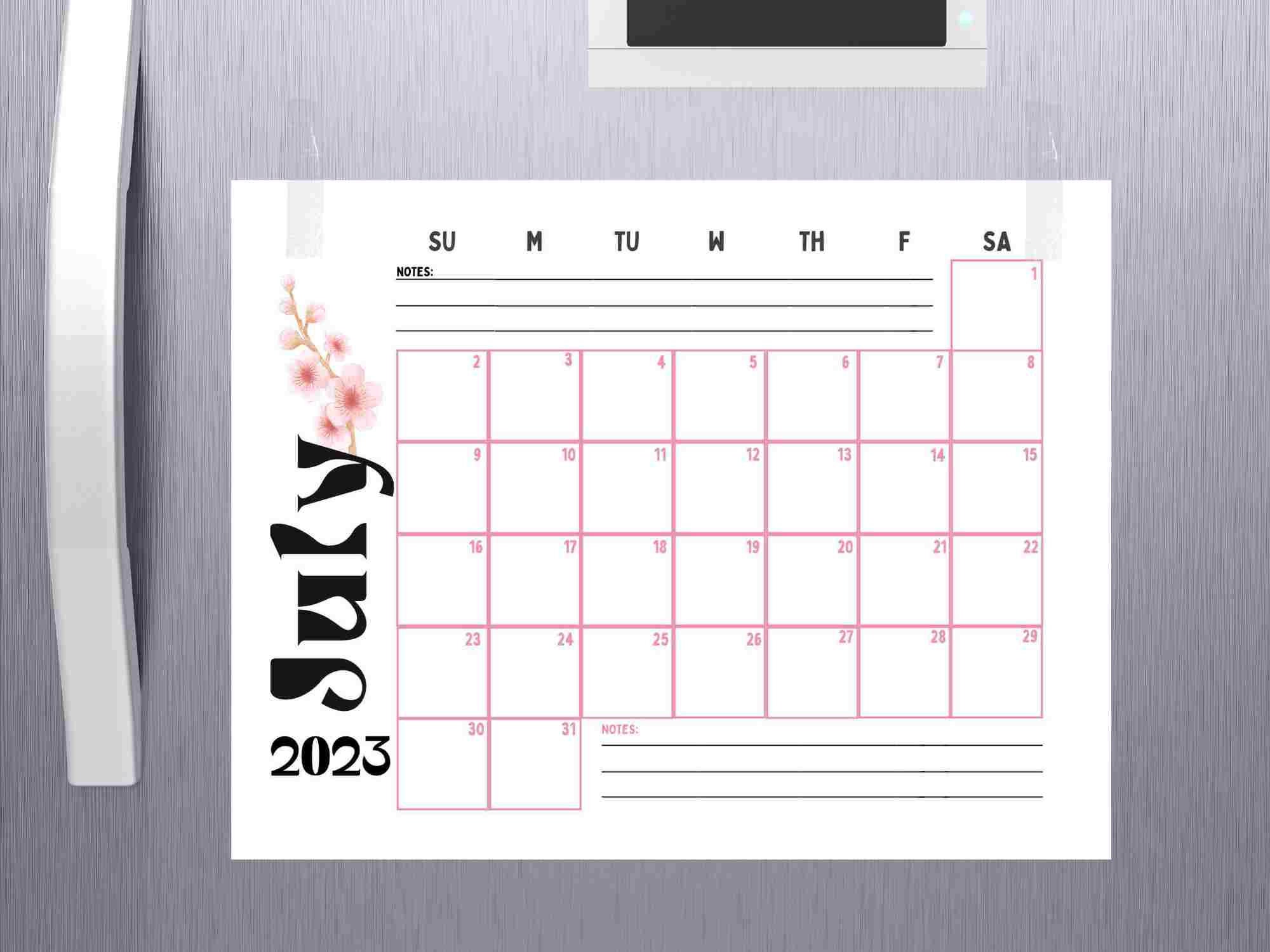 Printable July Calendar 2023 in Pink Blossom Style, Pink and Black ...