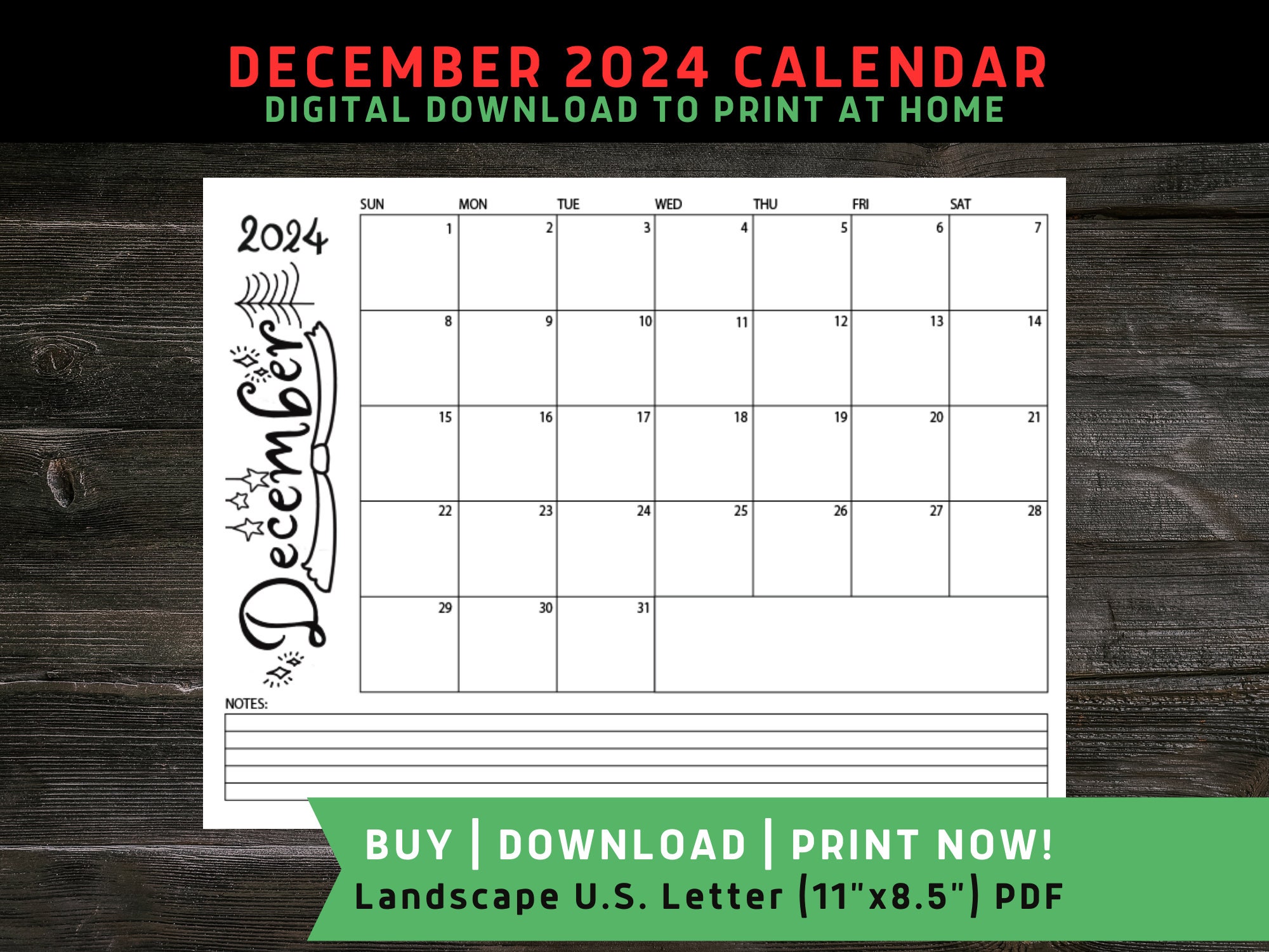 December 2024 Printable Calendar, Monthly Calendar Printable, U.S ...