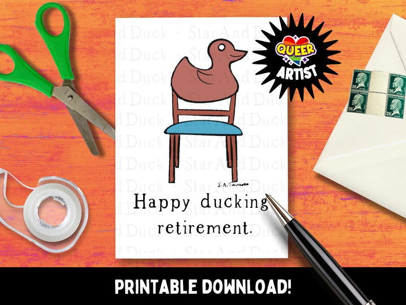 Printable Hand Drawn Retirement Card | Funny Retirement Gift | Duck Pun ...