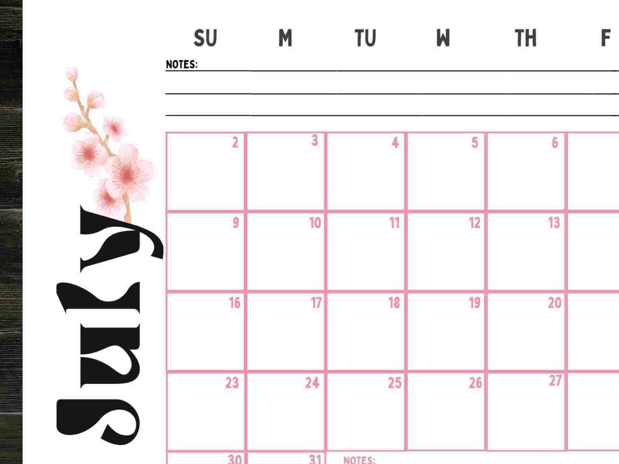 Printable July Calendar 2023 in Pink Blossom Style, Pink and Black ...