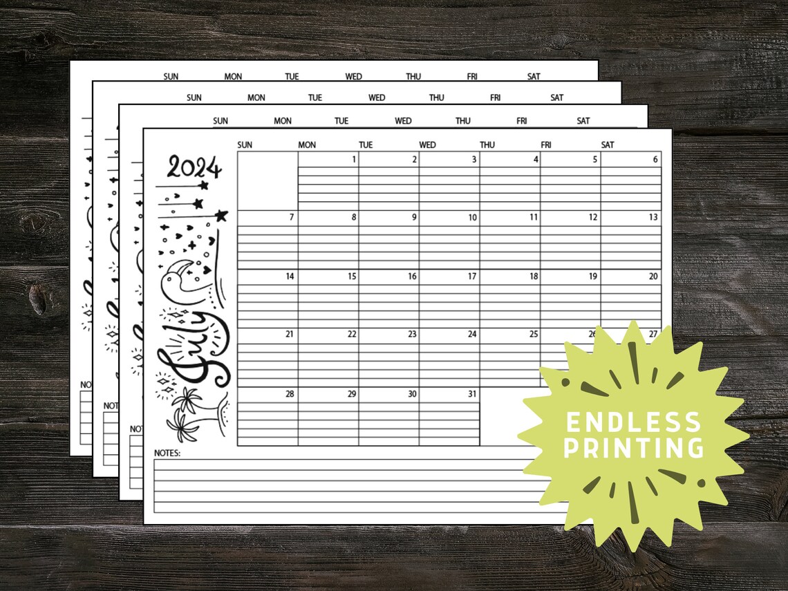 July 2024 Printable Calendar, Monthly Calendar Printable, U.S. Letter ...