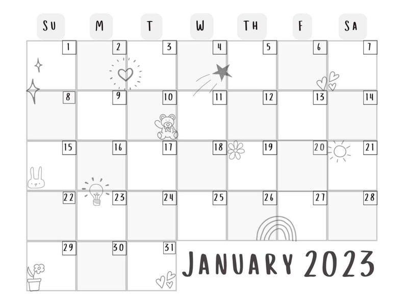 Printable January 2023 Calendar Cute Dated Us Letter Minimal Design