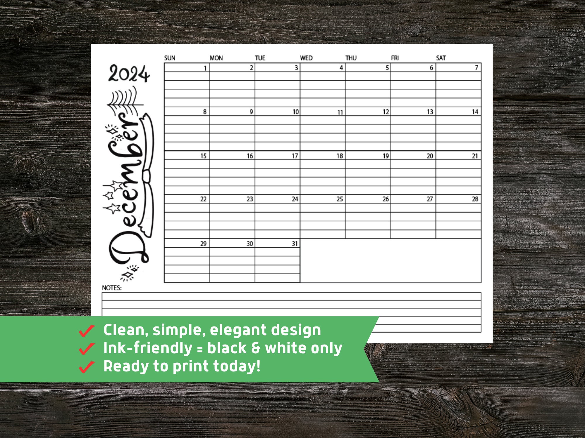 December 2024 Printable Calendar, Monthly Calendar Printable, U.S ...