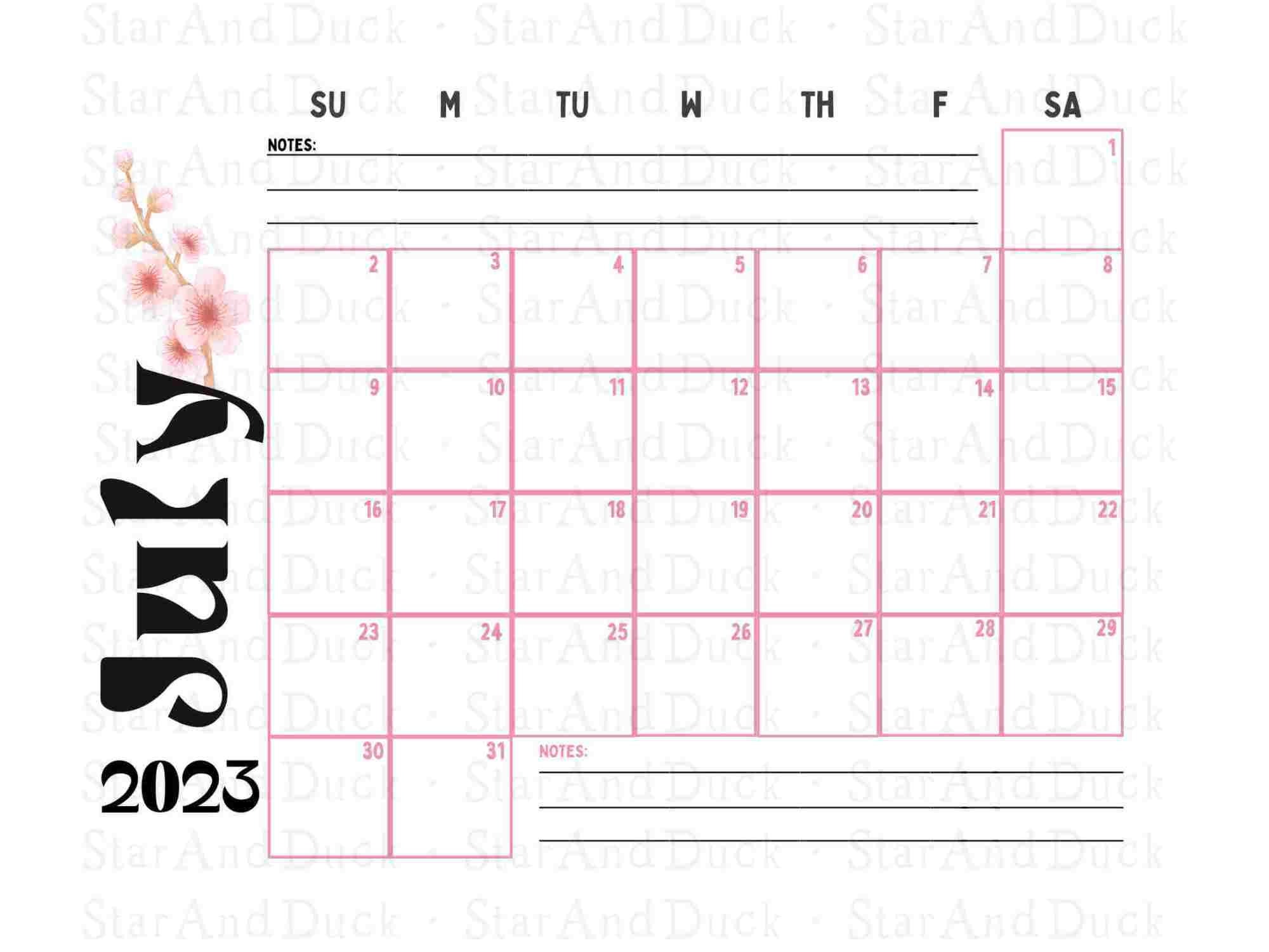 Printable July Calendar 2023 in Pink Blossom Style, Pink and Black ...
