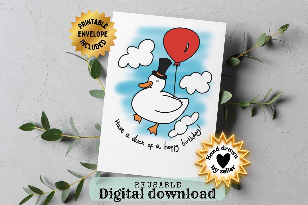 Duck Birthday Card Printable, Hand Drawn, 5x7-inch Funny Happy Birthday ...