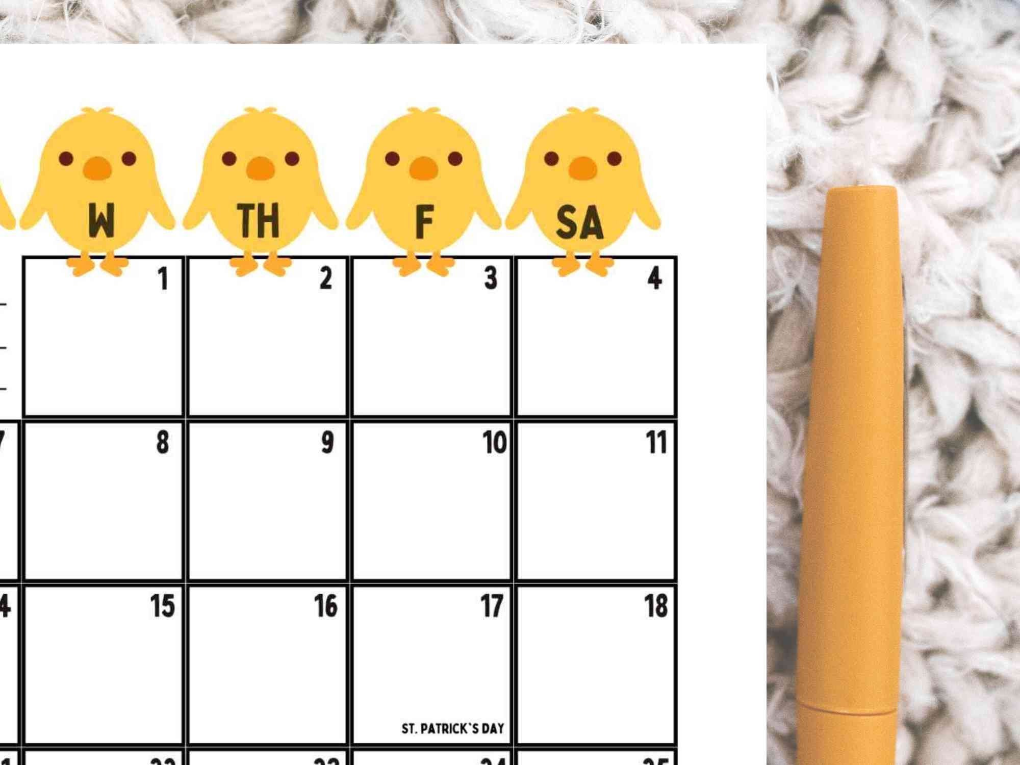 March 2023 Printable Calendar With Chicks, Dated, Holidays Included, US ...