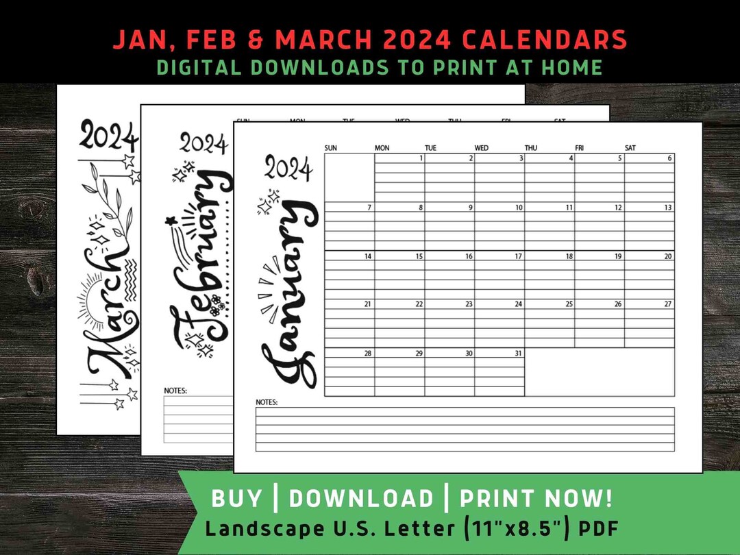 2024 Calendar Printable for January, February, March With Lines, Bundle ...
