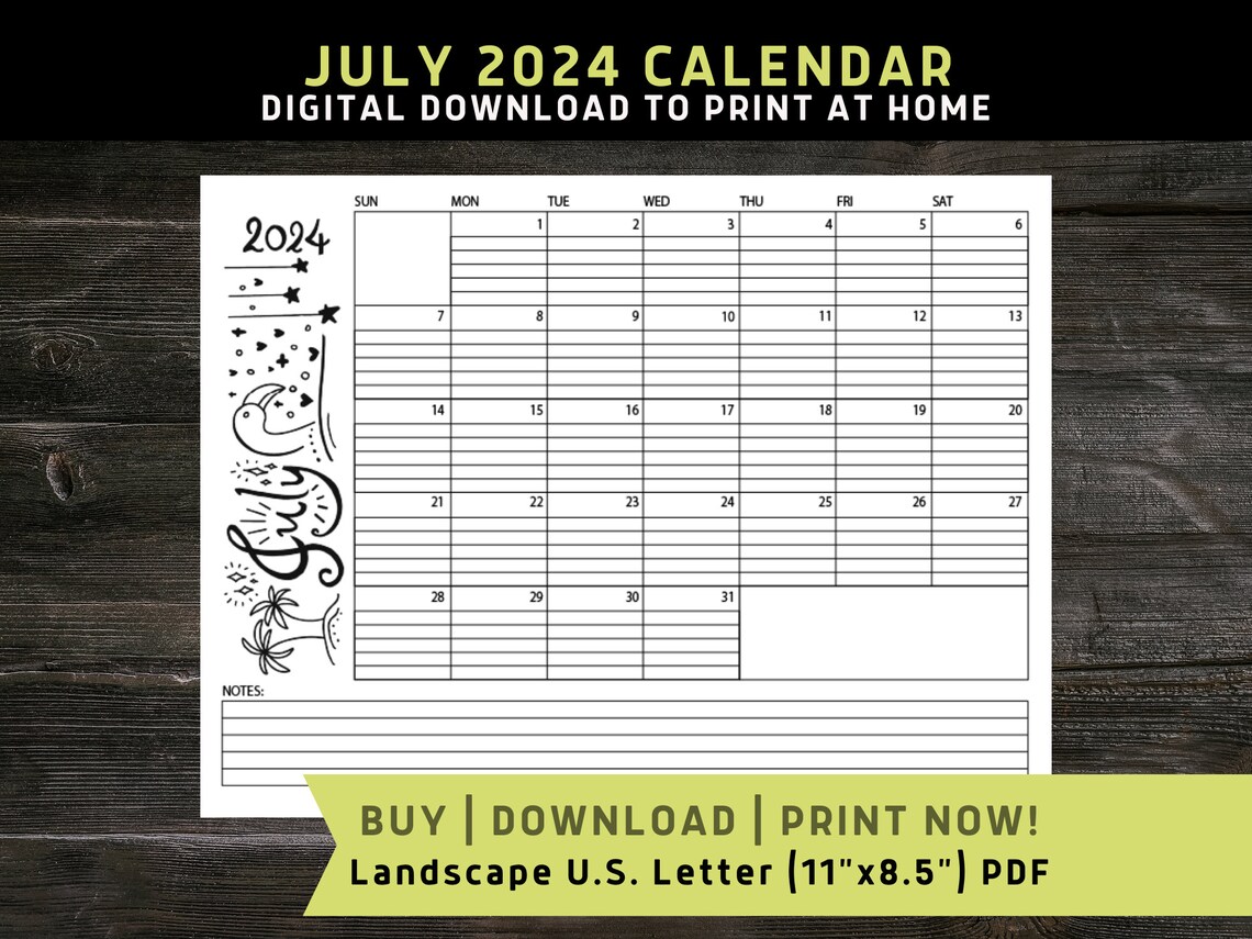 July 2024 Printable Calendar, Monthly Calendar Printable, U.S. Letter ...