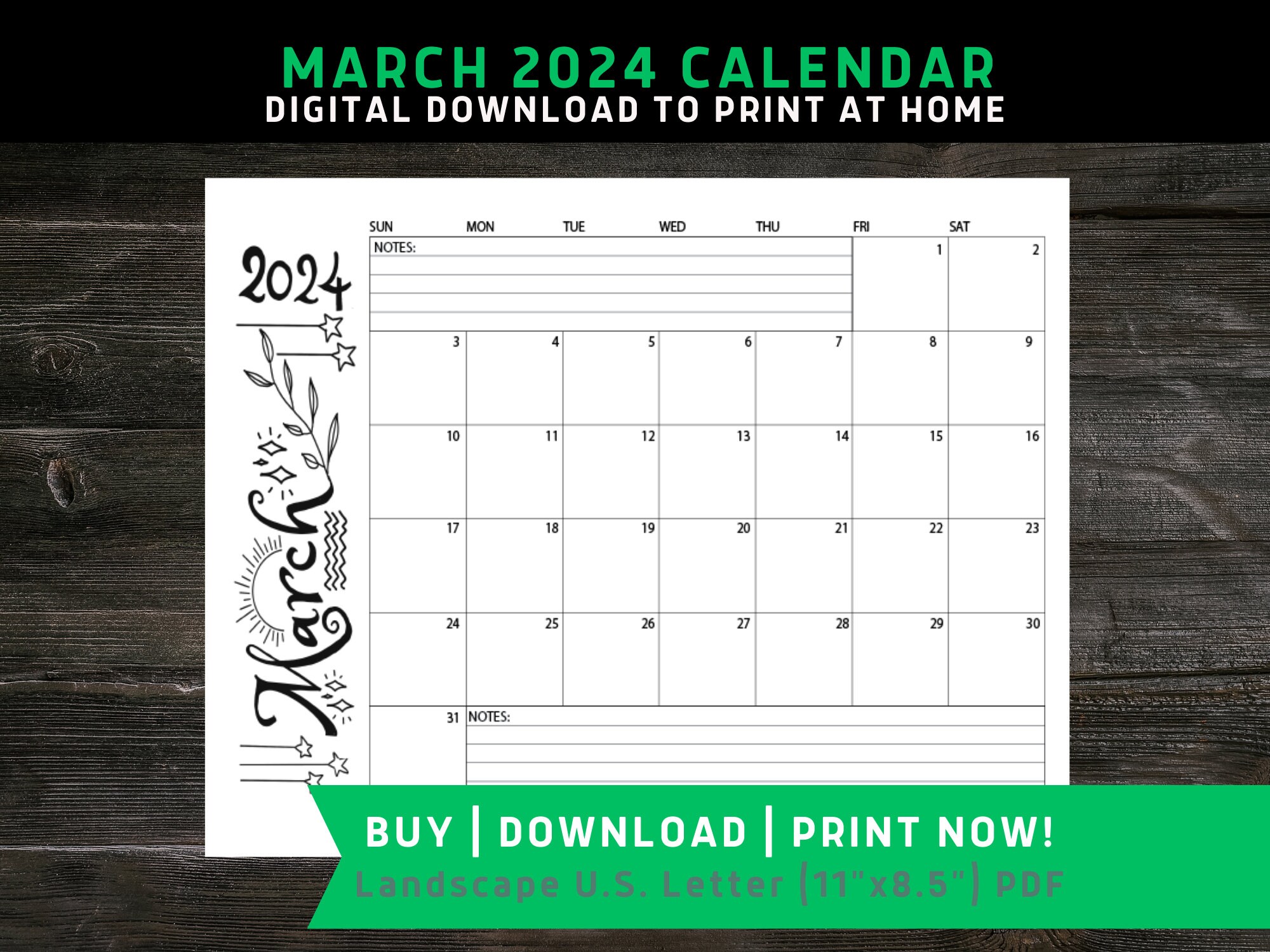 March 2024 Printable Calendar, Monthly Calendar Printable, U.S. Letter ...
