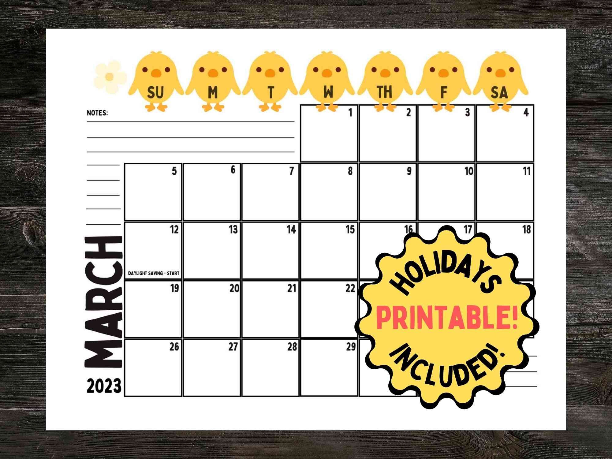 March 2023 Printable Calendar With Chicks, Dated, Holidays Included, US ...