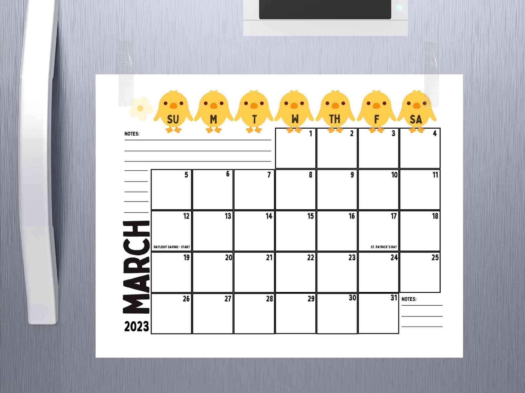 March 2023 Printable Calendar With Chicks, Dated, Holidays Included, US ...