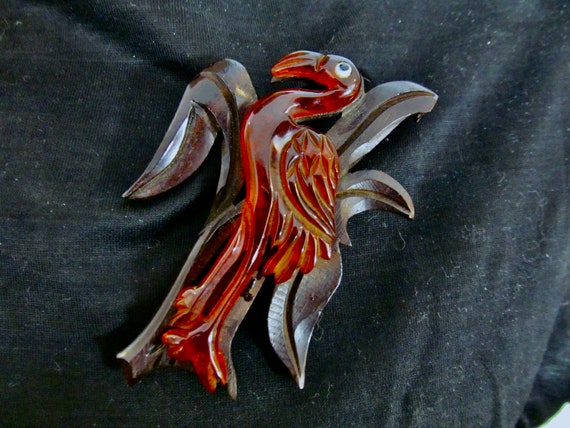 Carved Bakelite and Wood Flamingo Brooch - Gem