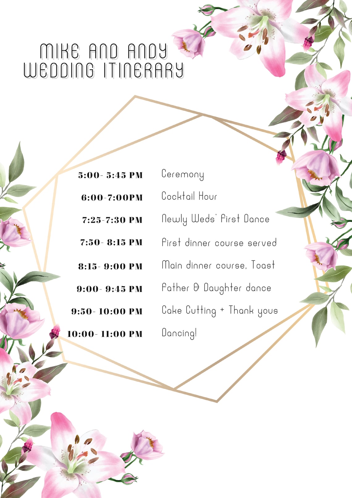 Editable Wedding Invitation Wedding Day Timeline Schedule Floral ...