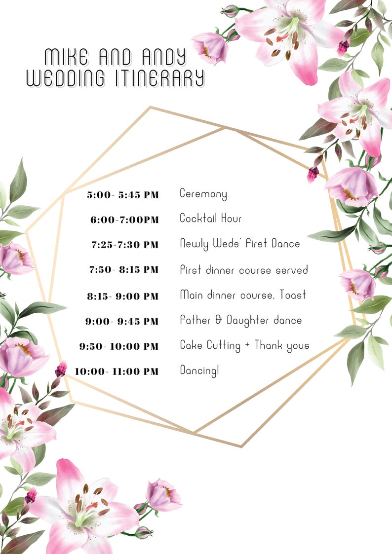 Editable Wedding Invitation Wedding Day Timeline Schedule Floral ...