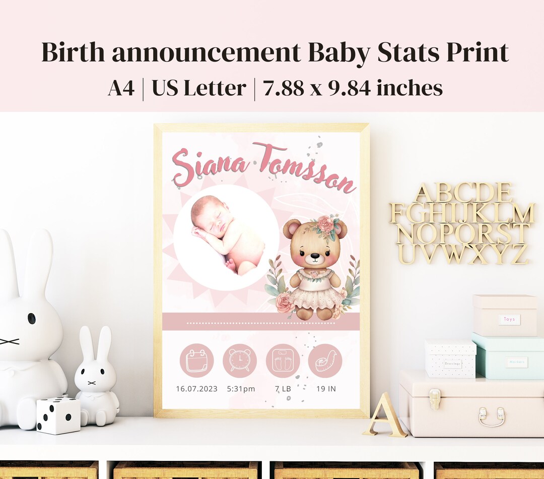 Baby Birth Announcement, Baby Girl Nursery Decor, Custom Baby Stats ...