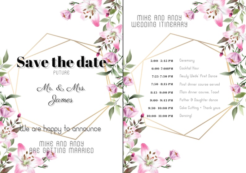 Editable Wedding Invitation Wedding Day Timeline Schedule Floral ...