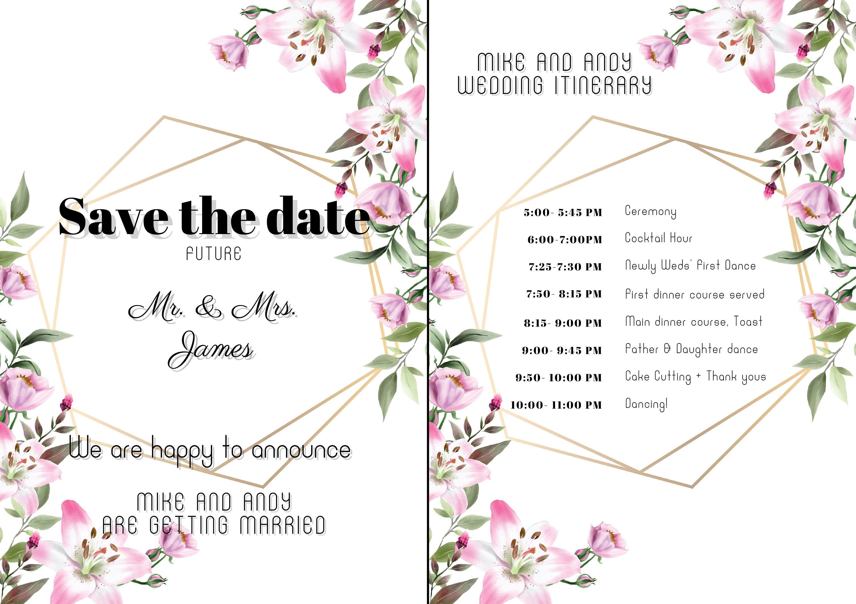 Editable Wedding Invitation Wedding Day Timeline Schedule Floral ...