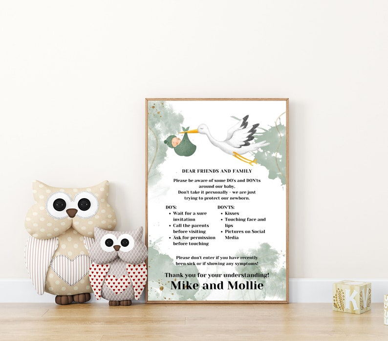 Editable Sage Green Newborn Visitors Rules, Visitors Birth Sign Baby ...
