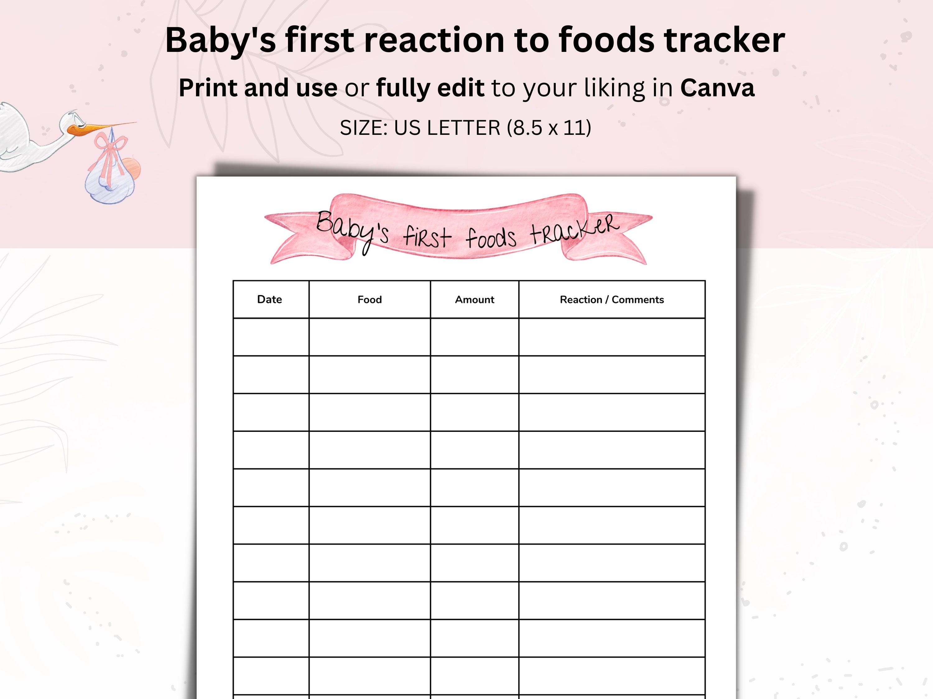 Baby Girl Food Tracker Printable BUNDLE, Baby Led Weaning, Babys First ...