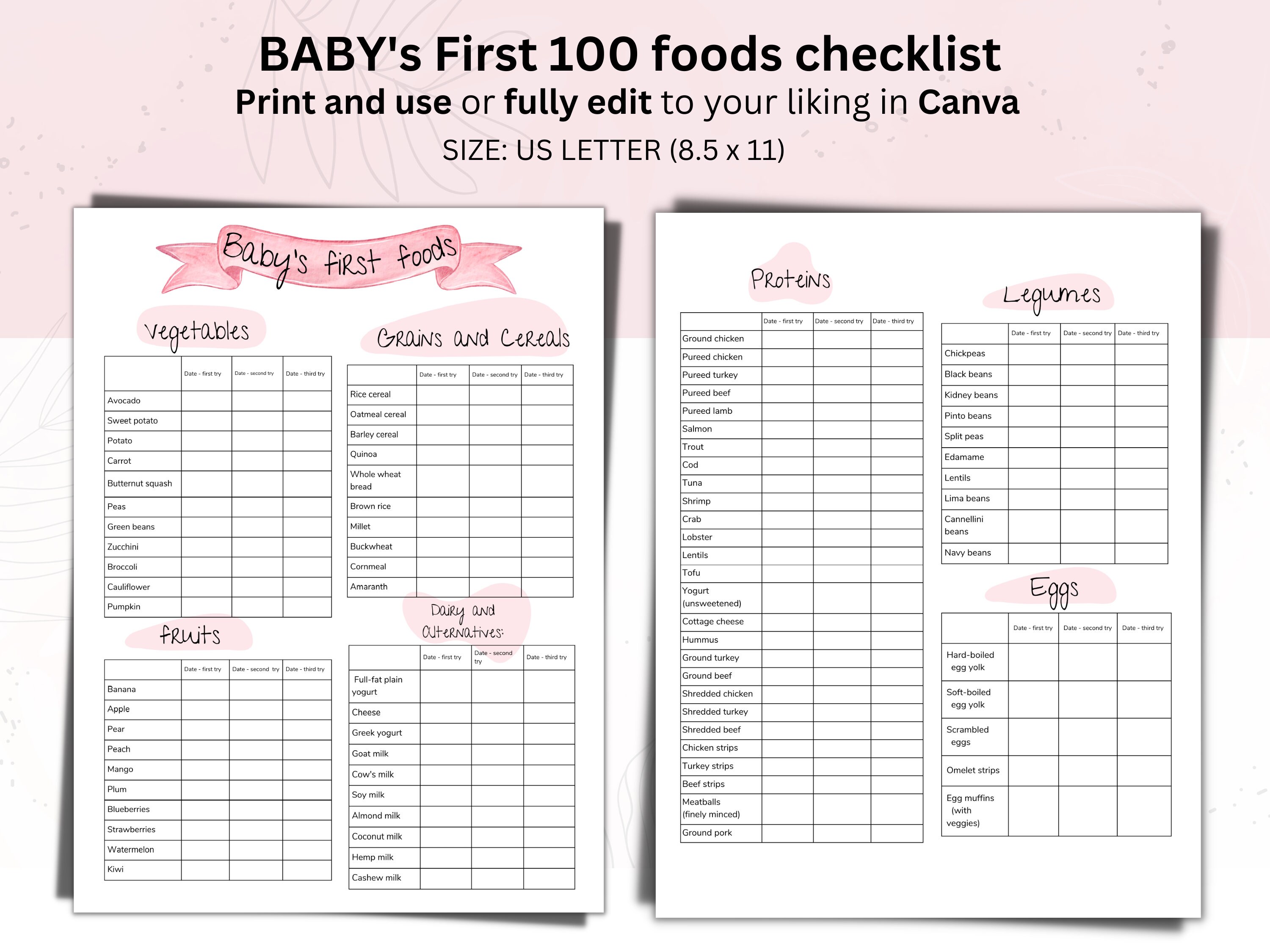 Baby Girl Food Tracker Printable BUNDLE, Baby Led Weaning, Babys First ...