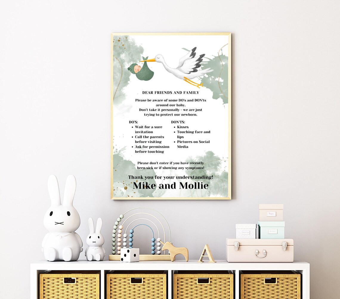 Editable Sage Green Newborn Visitors Rules, Visitors Birth Sign Baby ...