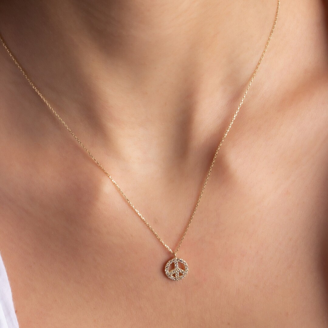 Real Diamond Peace Sign Necklace 14K Solid Gold Peace Love Charm ...