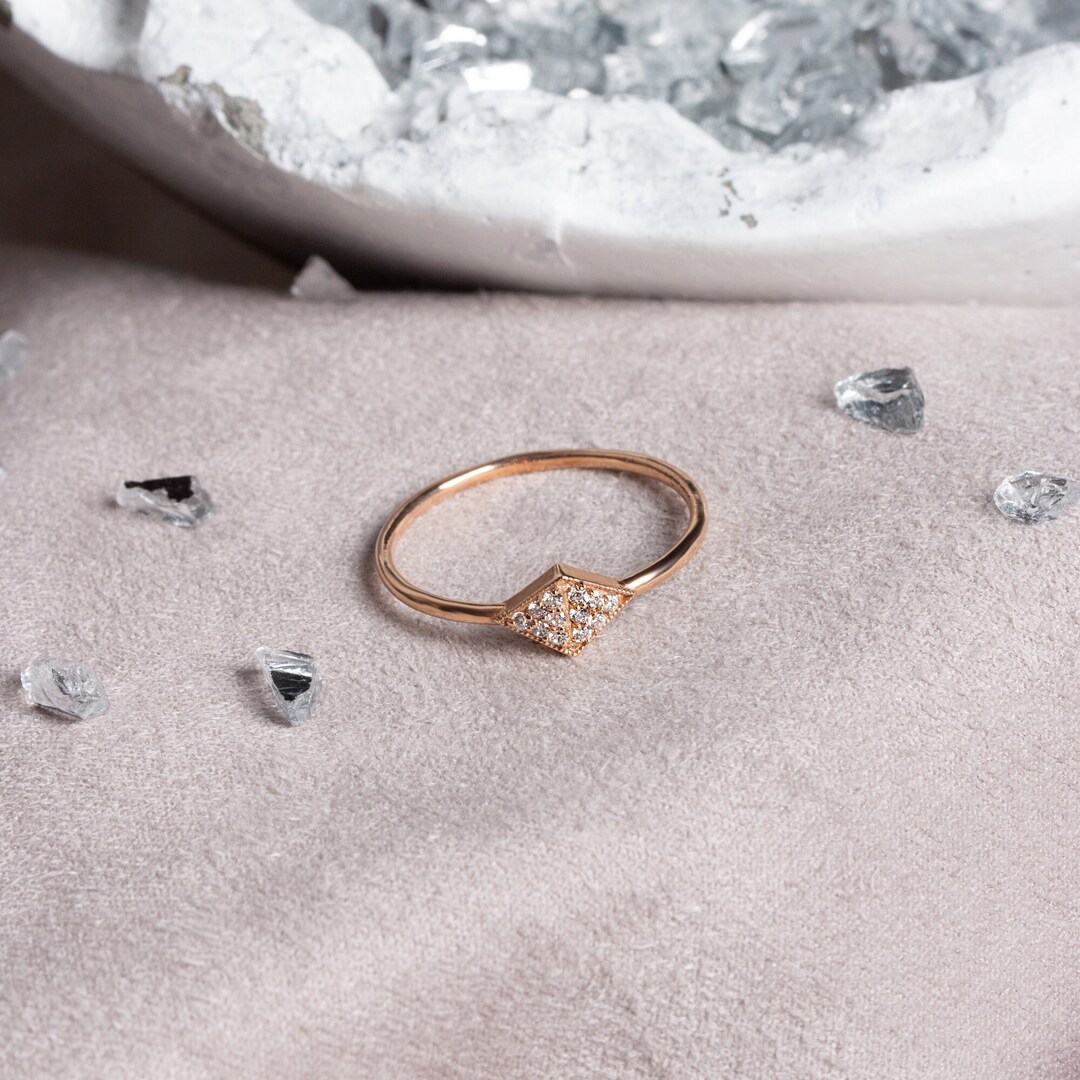 Rhombus Shape Diamond Ring, 14K Solid Gold Pave Marquise Ring, Lozenge ...
