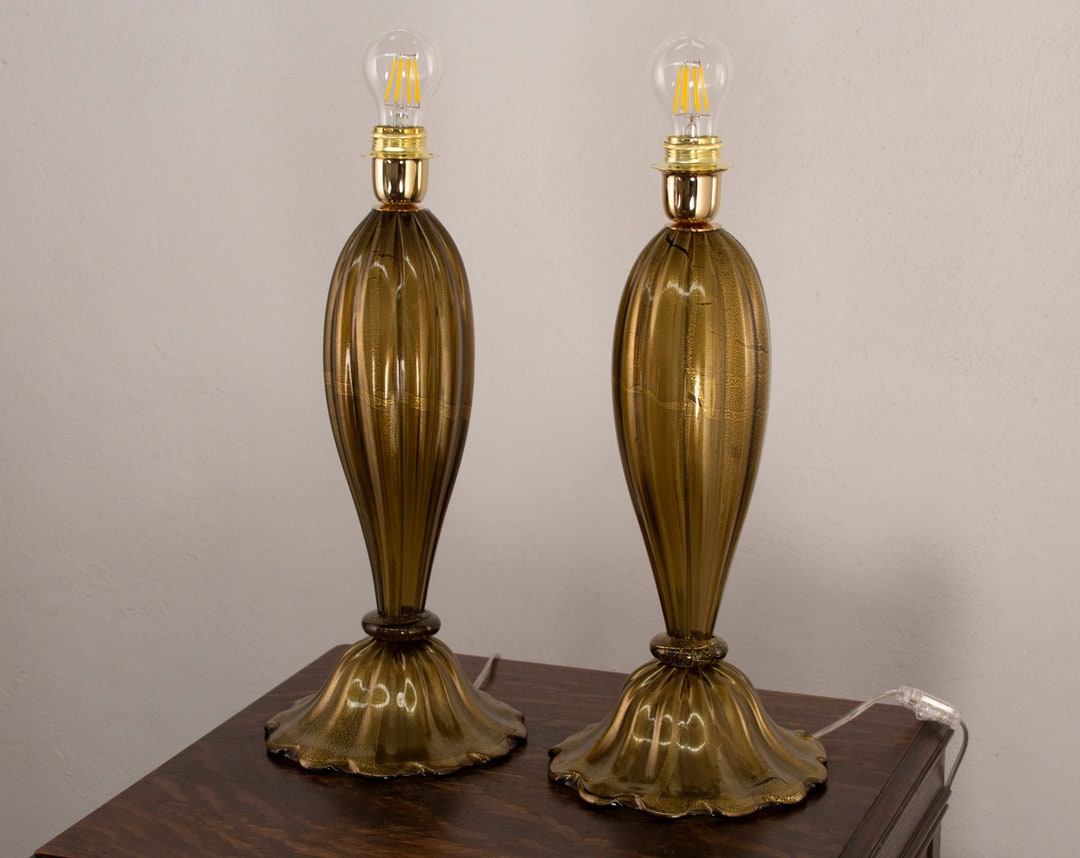 Set of 2 Murano Blown Glass Table Lamps Moka Brown and Gold Color, Made ...