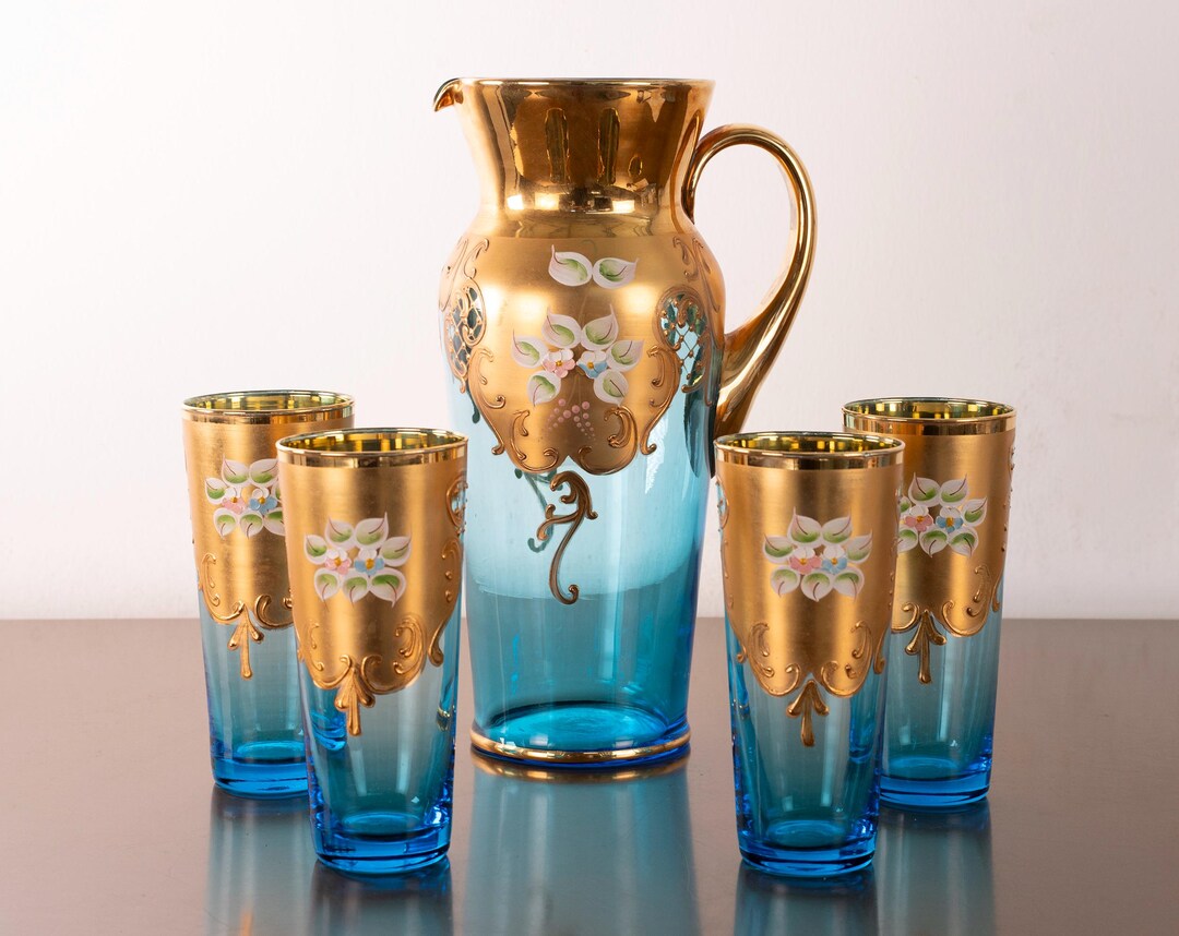 Unique Set of Glass Jug and 4 Tumblers – Turquoise Glass & 24k Gold ...