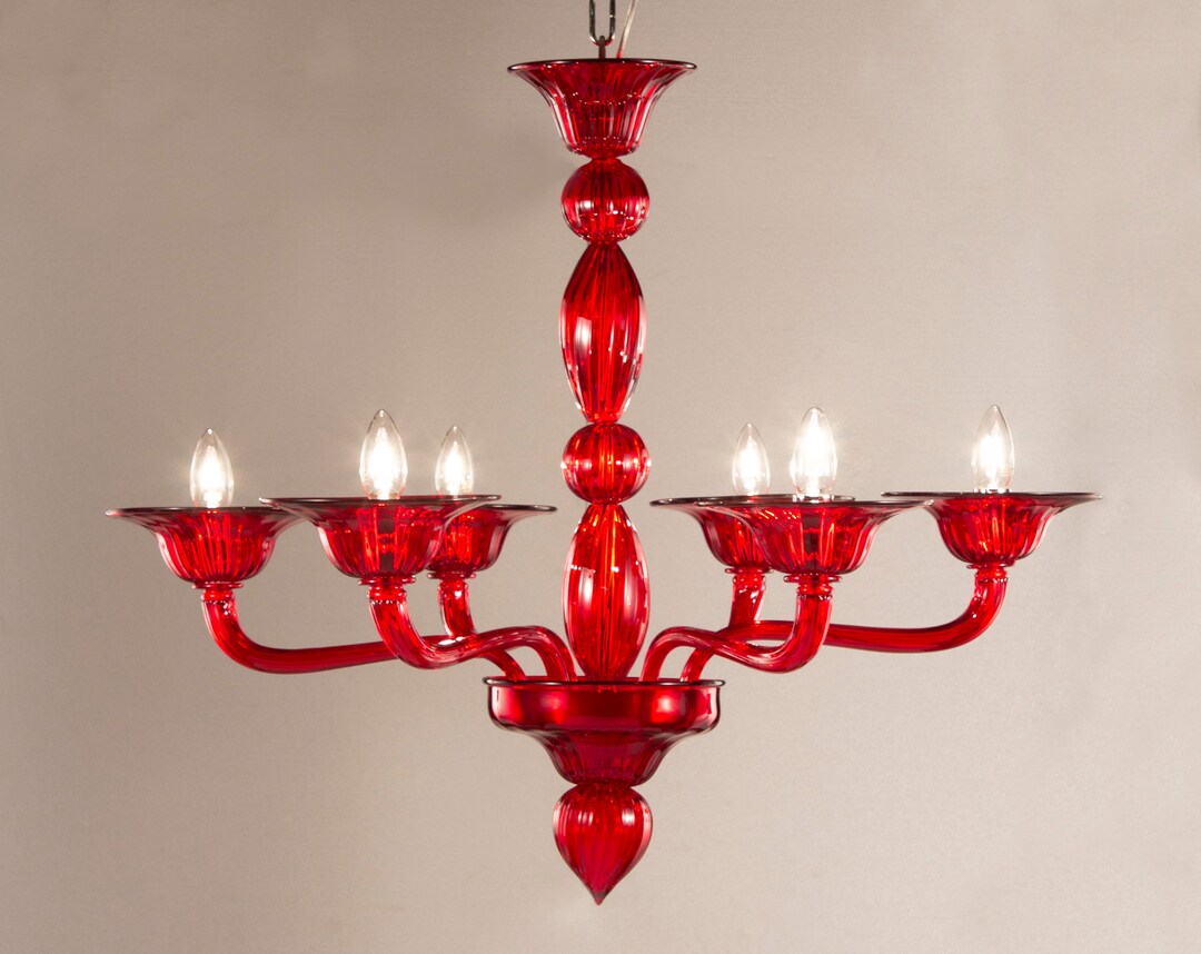 Magnificent Handmade Red Color Murano Glass Chandelier, 6 Lights ...