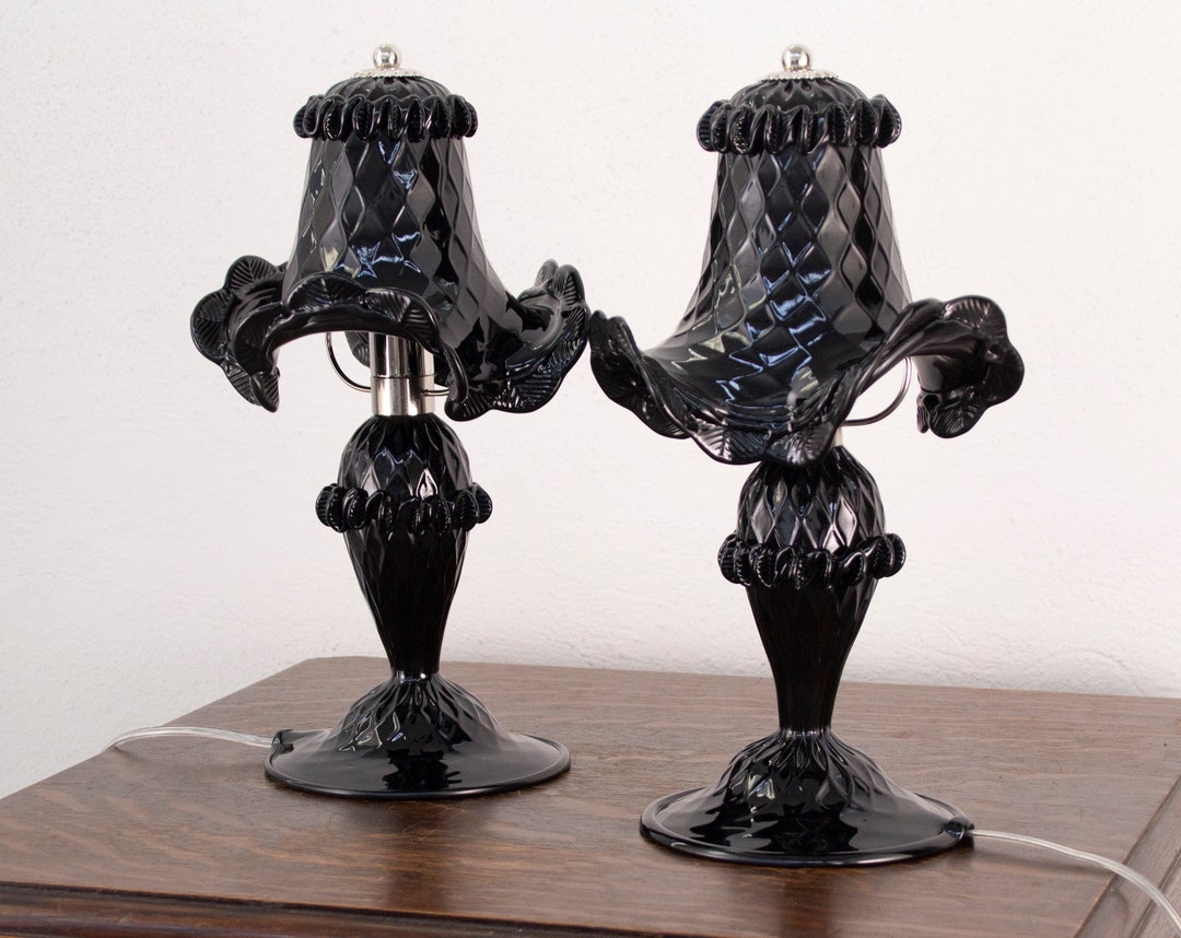 Set of 2 Murano Glass Black Color Table Lamps With Artistic Decoration ...