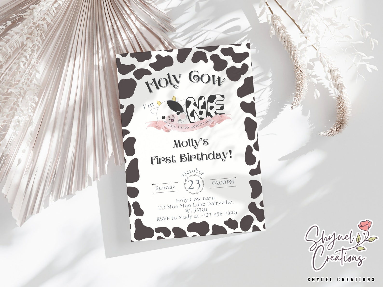 Holy Cow Im One Invitation Holy Cow First Birthday Girl Cow Birthday ...