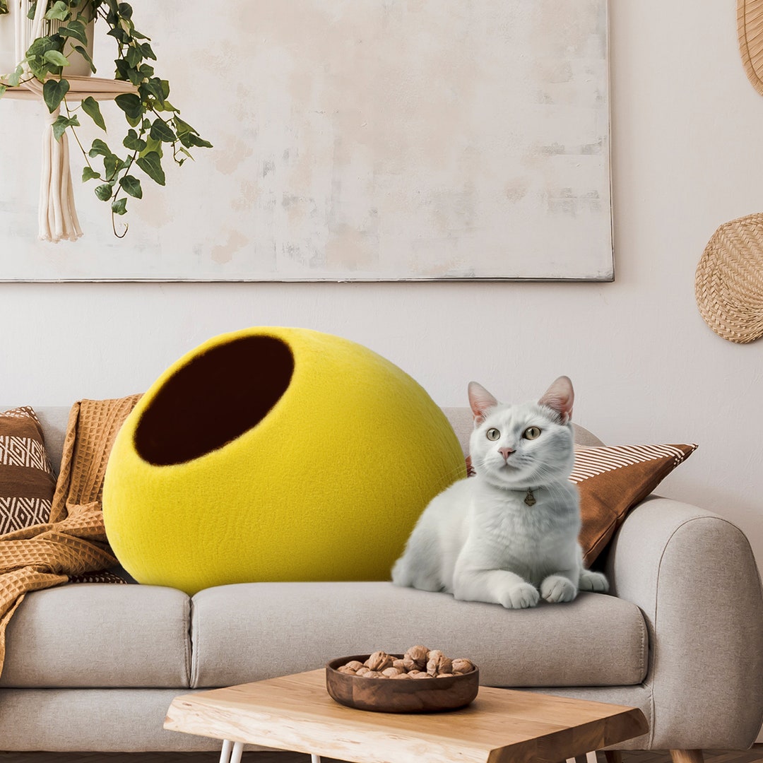 Hide and Seek Adorable Felt Cat Cave Natural Stripe 100% Handmade Wool ...