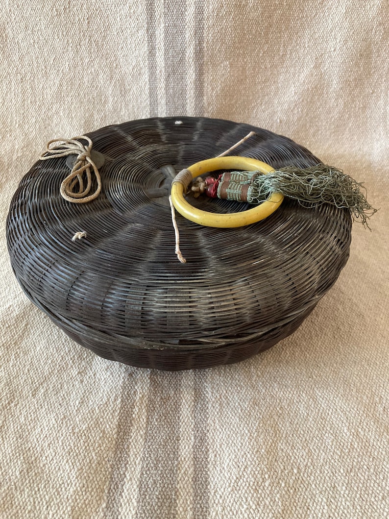 Vintage Chinese Dark Brown Round Wicker Sewing Basket With - Etsy