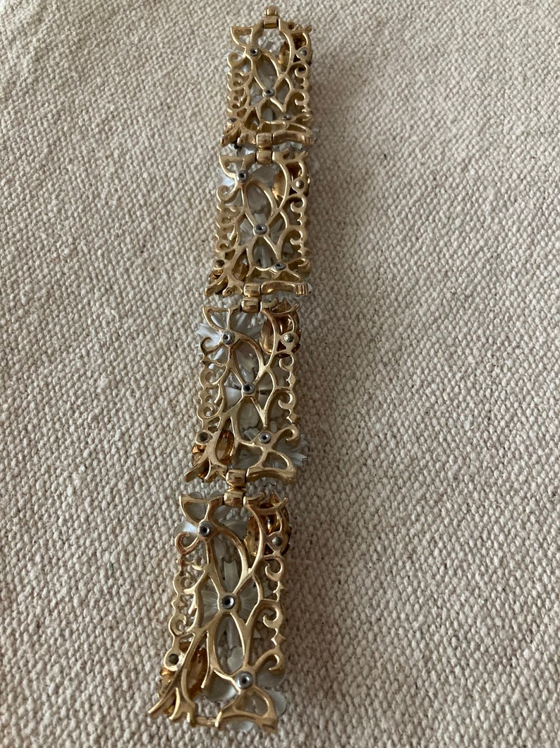 Vintage Trifari Floral Bracelet: Gold Tone, White Enamel, Rhinestones ...