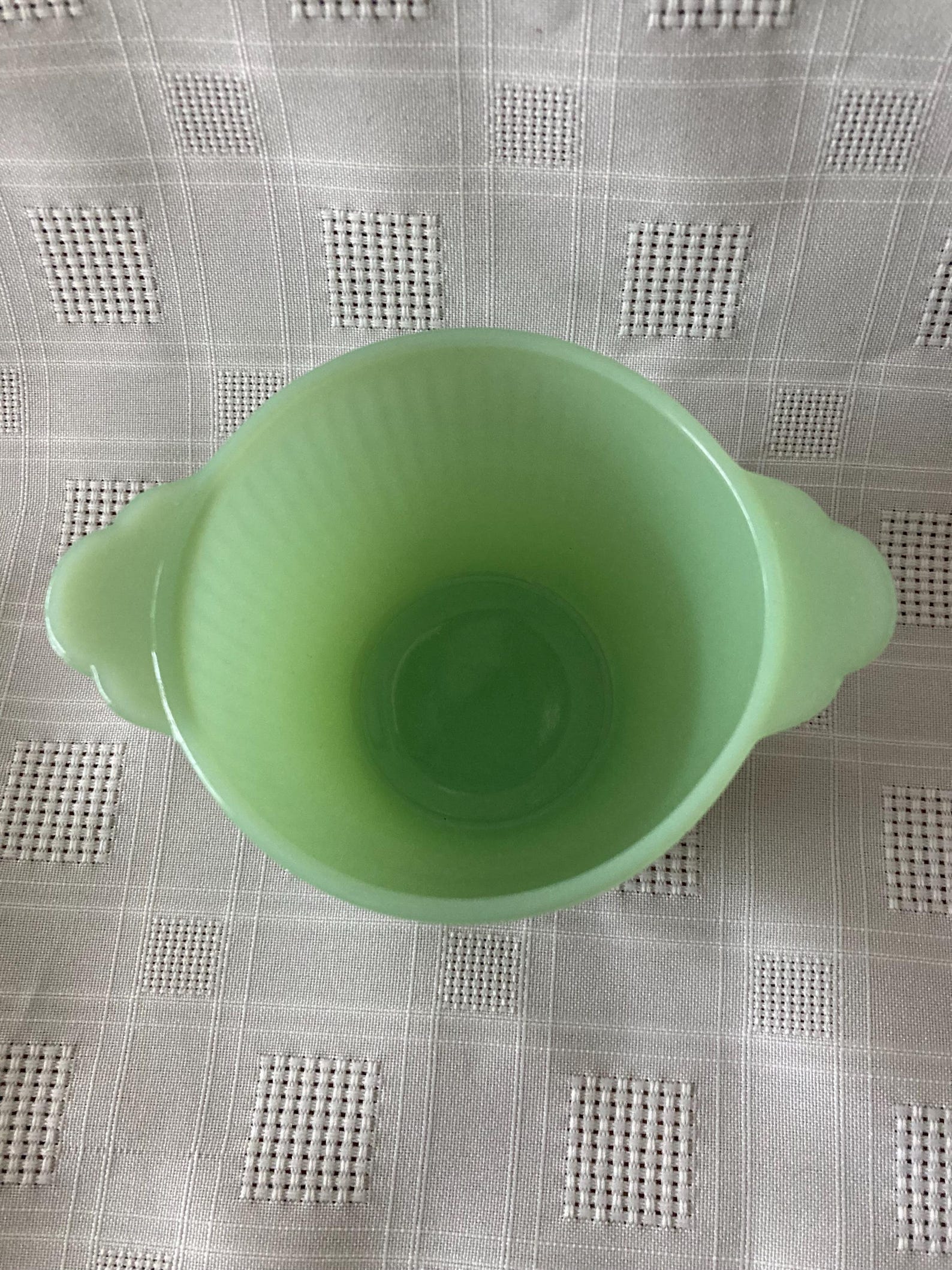 Vintage Jadeite Fire King june Ray Two Handled Ribbed Sugar Bowl With ...