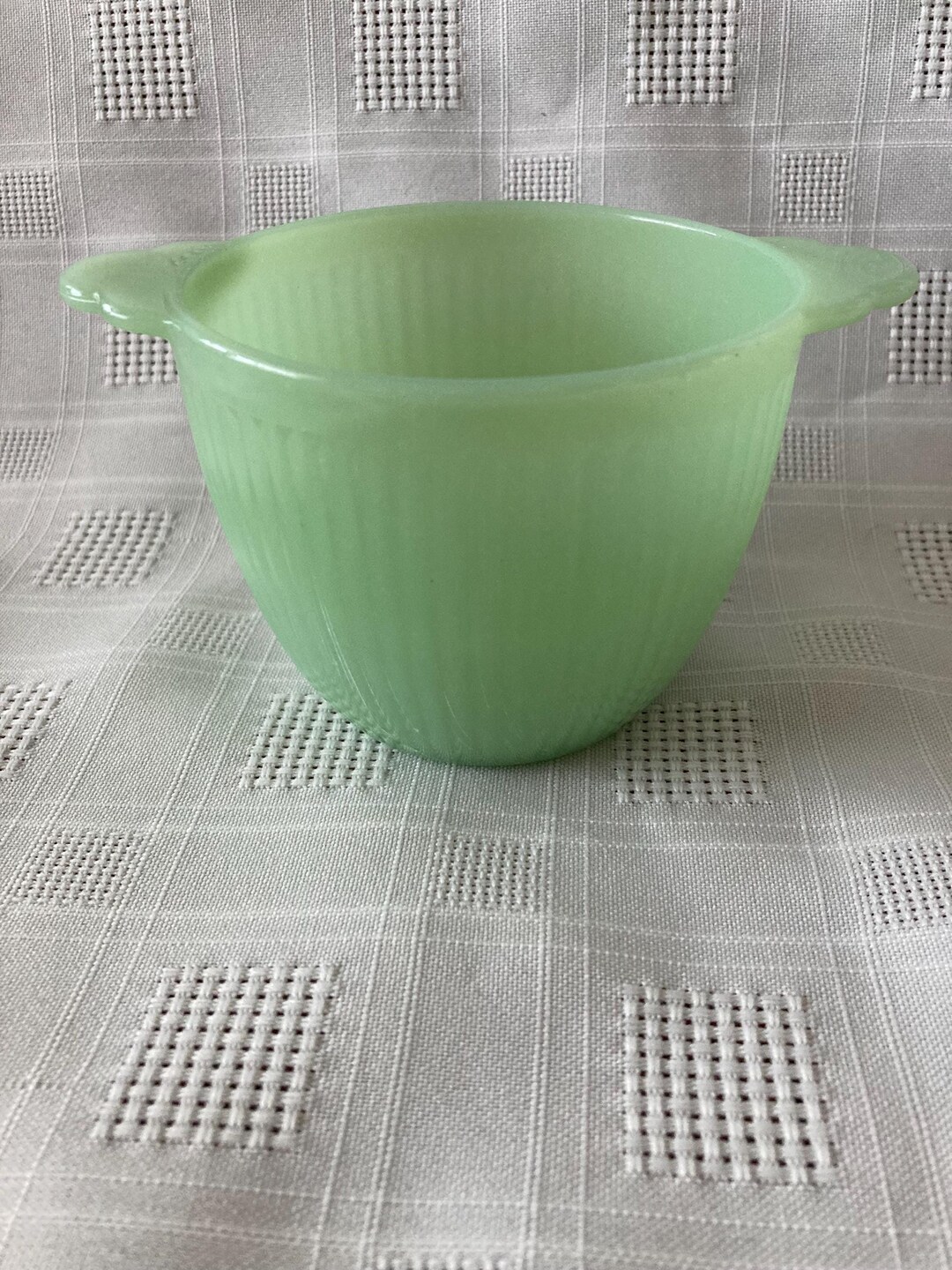 Vintage Jadeite Fire King june Ray Two Handled Ribbed Sugar Bowl With ...