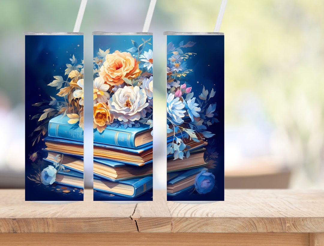 Watercolor Blue Book Stack 3D Floral Bookish Book Love Reader Book ...