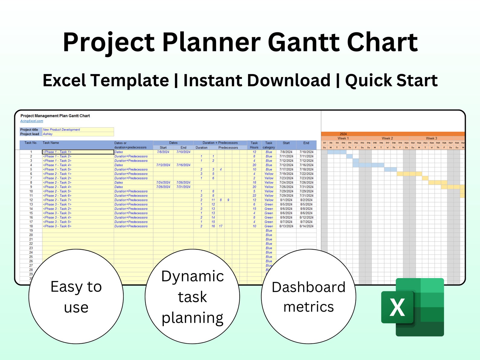 Project Management Project Planner Gantt Chart Excel Spreadsheet ...
