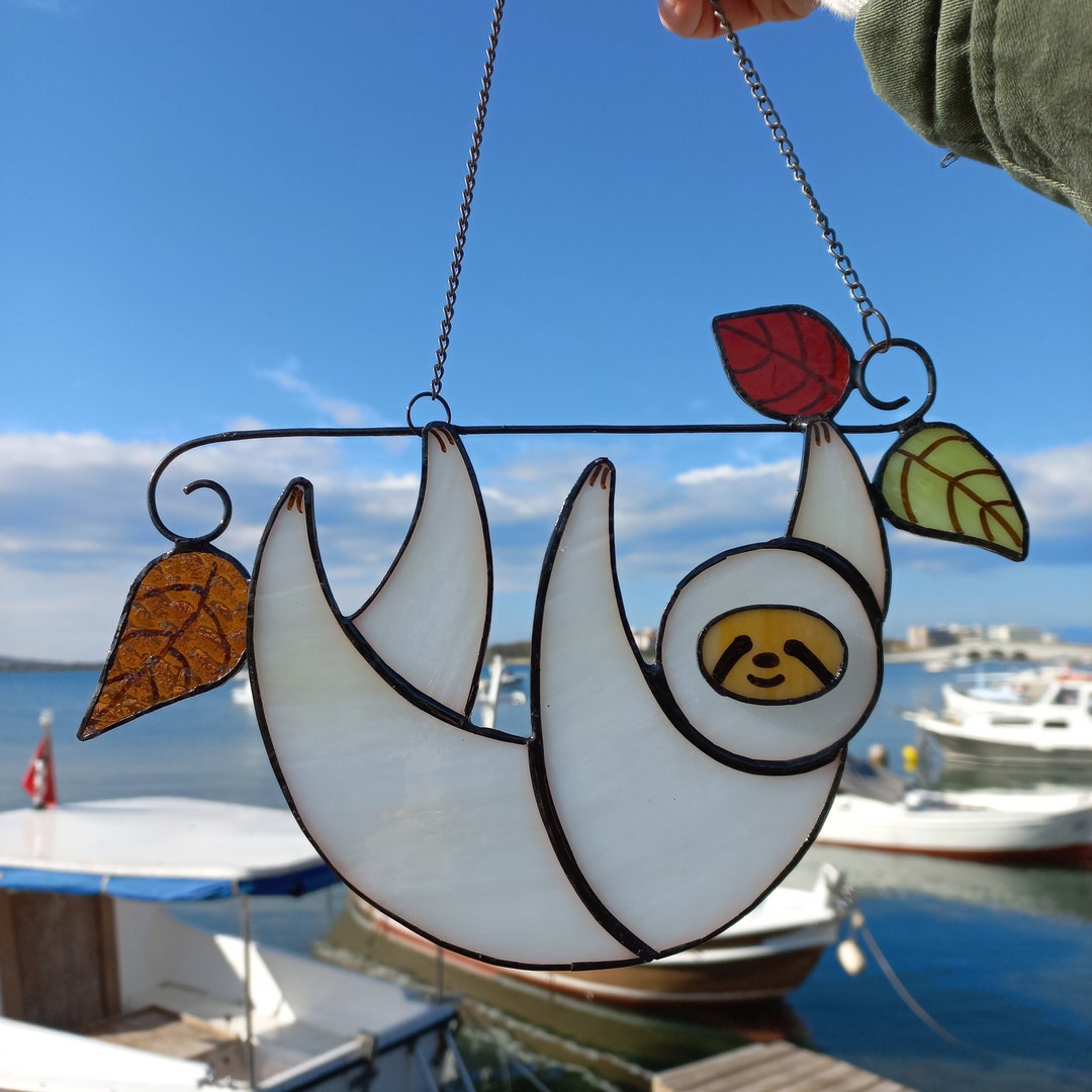 White Stained Glass Sloth Window Hanging, Sloth Glass Suncatcher ...