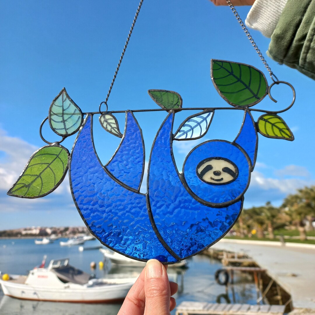 Blue Sloth Stained Glass Window Hanging, Sloth Glass Suncatcher ...