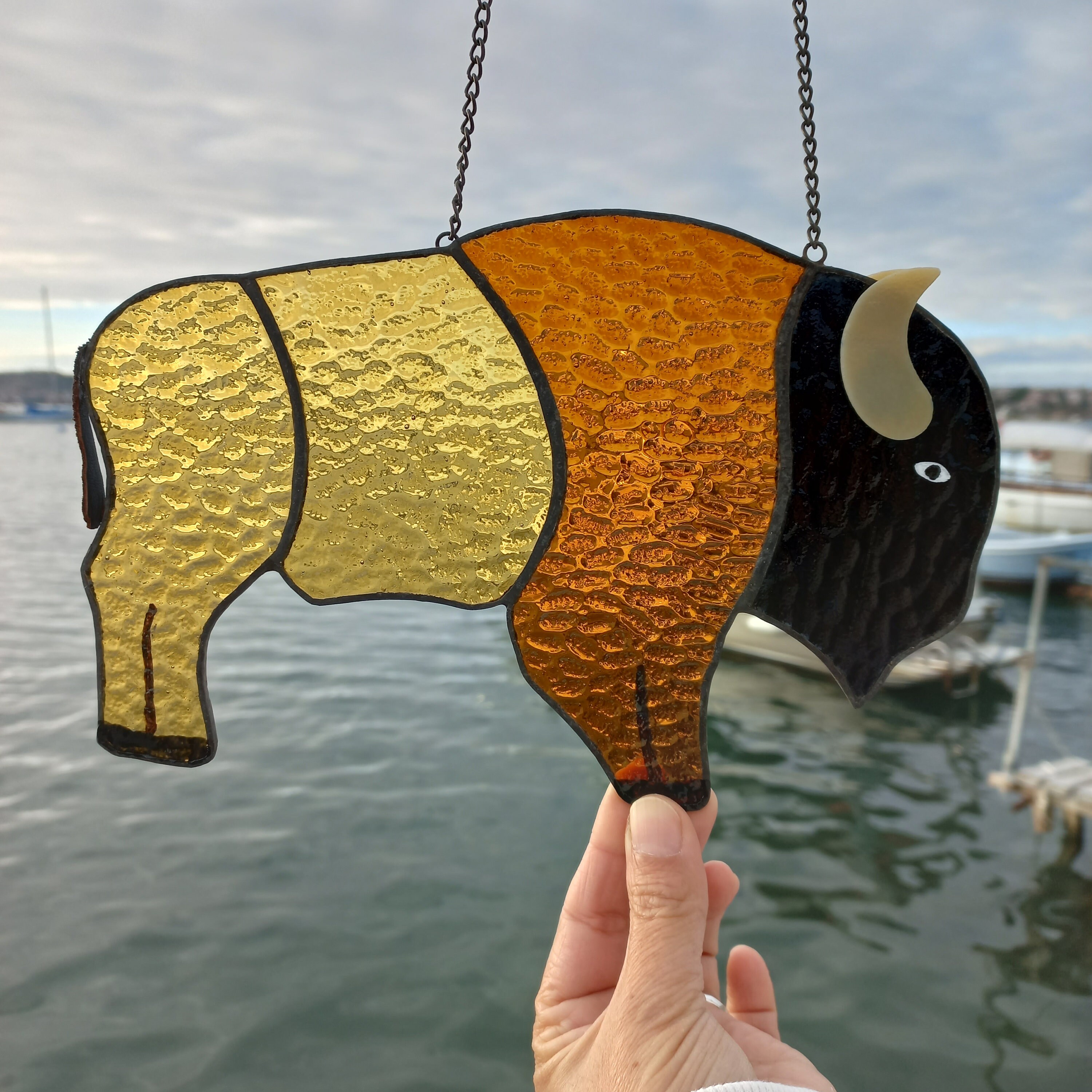 Stained Glass Buffalo Window Hanging, Bison Glass Suncatcher, Stained ...