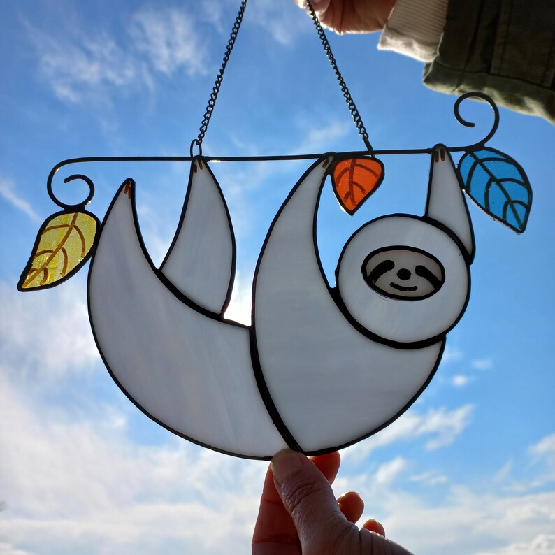 Stained Glass Sloth Window Hanging, Sloth Glass Suncatcher, Birthday ...