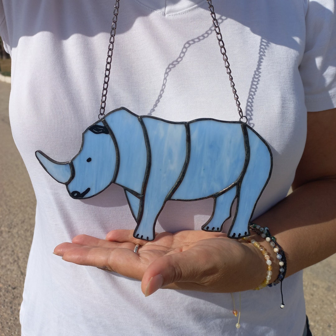 White Rhino Stained Glass Window Hanging, White Rhino Glass Suncatcher ...