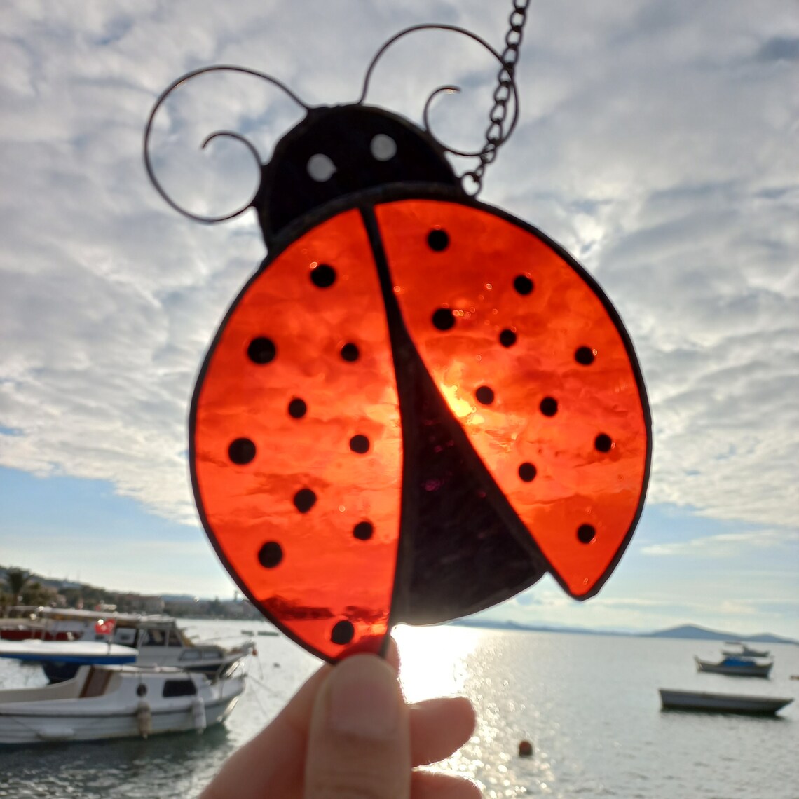 Ladybug Stained Glass Suncatcher Window Hanging, Glass Ladybug Ornament ...