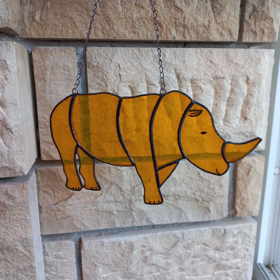 Yellow Rhino Stained Glass Window Hanging, Rhino Glass Suncatcher ...