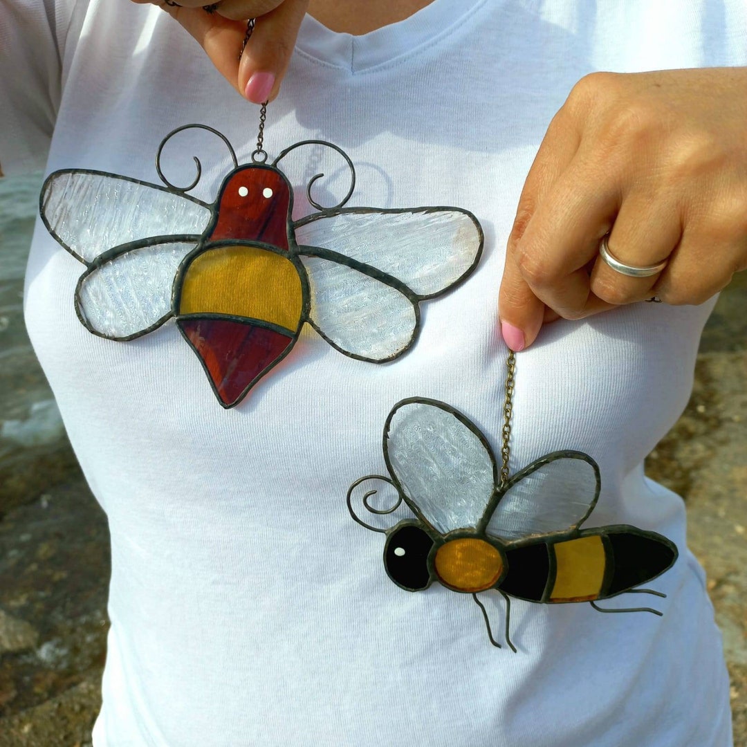 Two Bees Stained Glass Window Hanging: Nature Inspired Nursery Decor - Etsy
