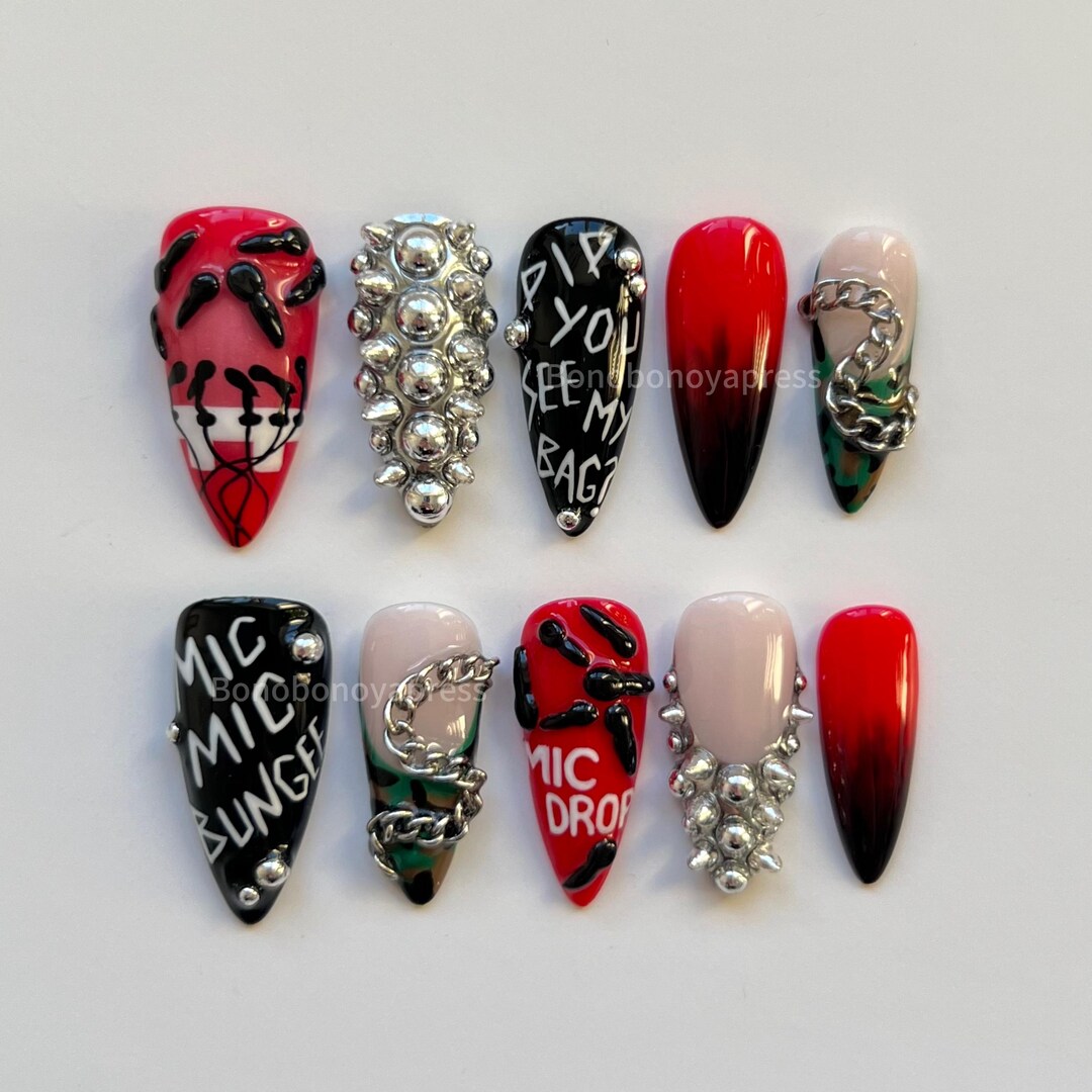 Mic Drop - Kpop Nails, Edgy Press on Nails, OT7 Nails, Chrome Press Ons ...