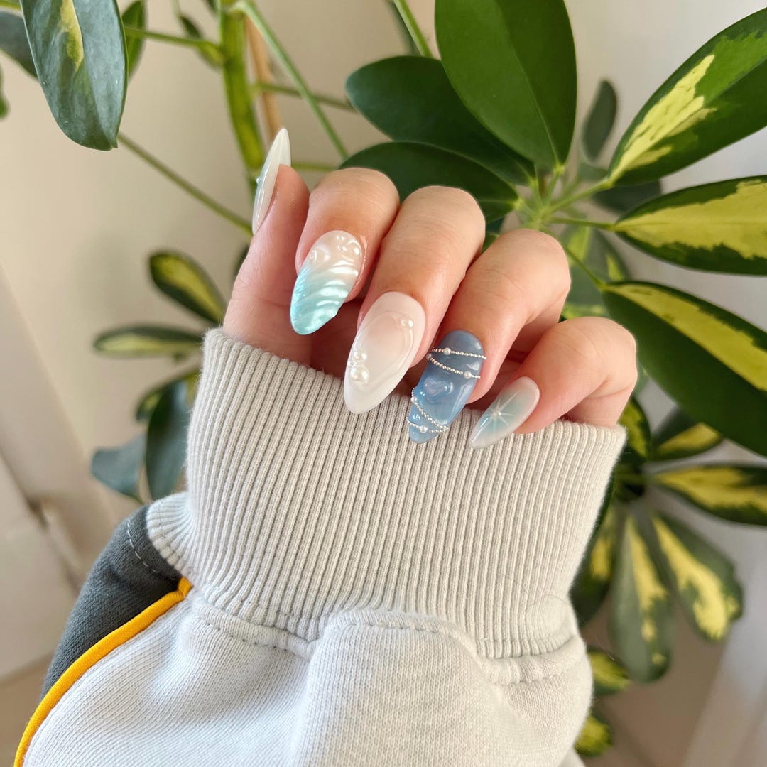 Ice Princess Handmade Blue Press on Nails, Pearl Press Ons, Blue and ...