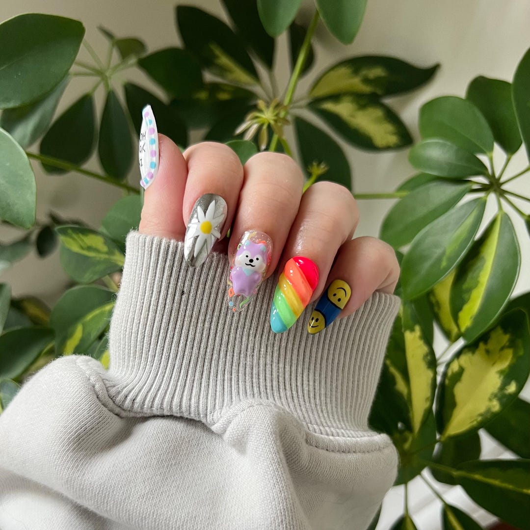 Hobicore Hand Painted Rainbow Nails, Jhope Press Ons, BT21 Mang Nails ...